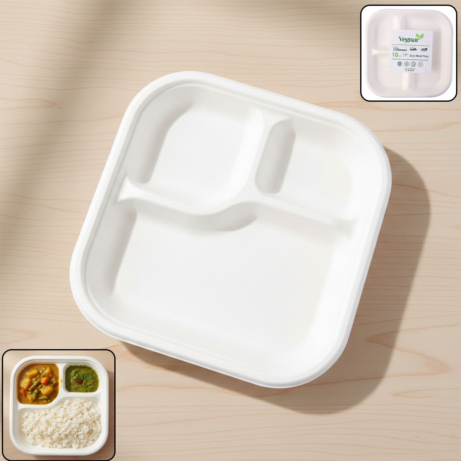 Vegnar Square 3 Compartment Disposable Meal Tray Set (10 Pc ...