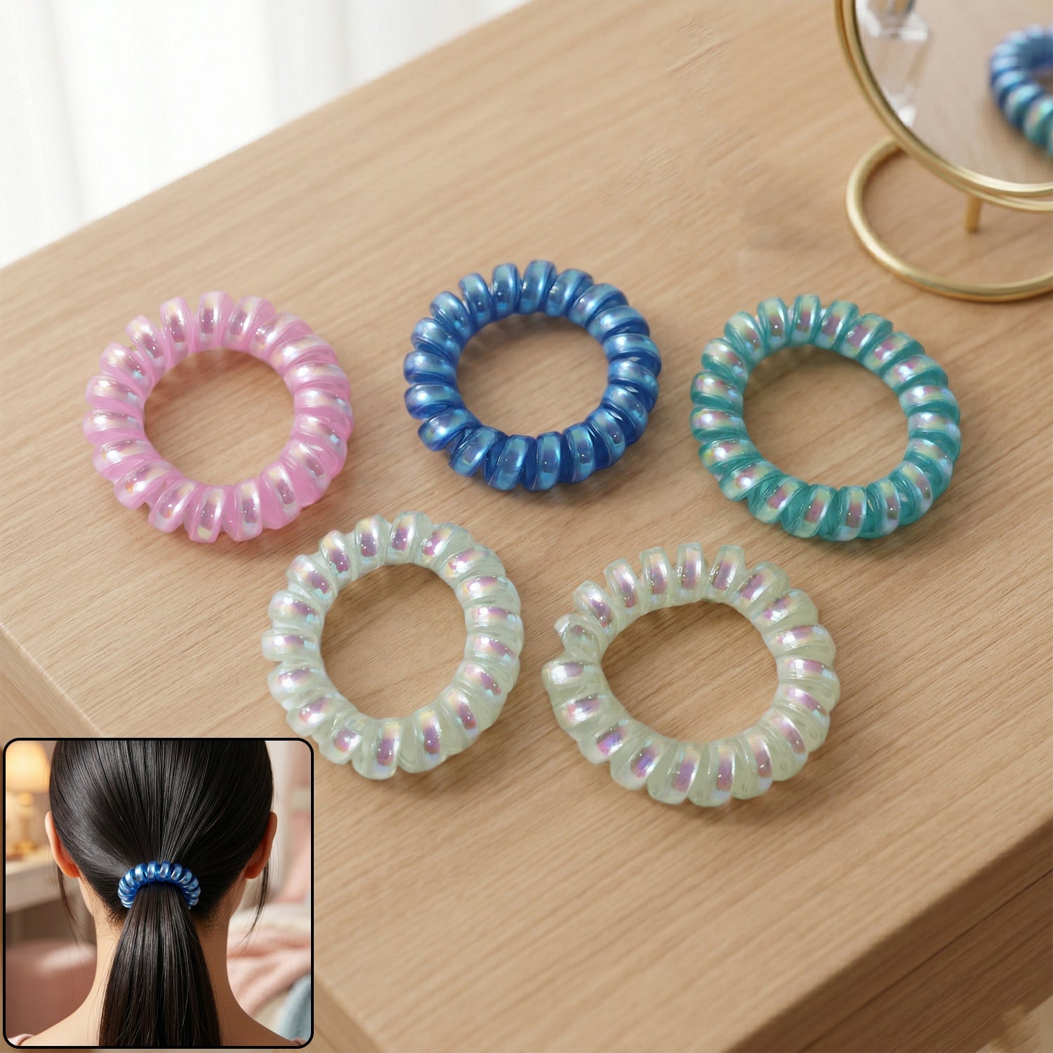 Soft Stretchable Telephone Wire Style Hair Bands Set (5 Pc, Mix Color ...