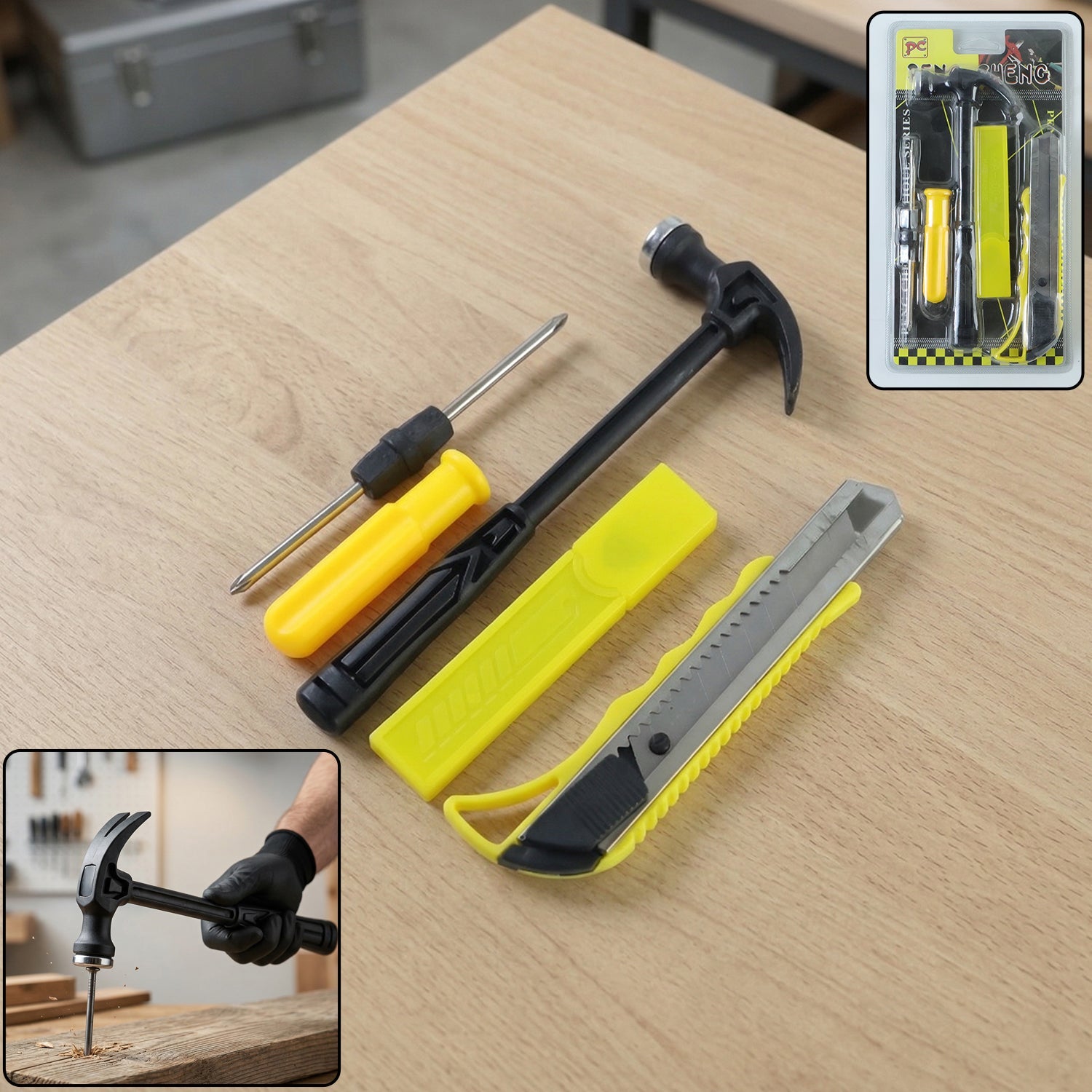 Mini Hardware Tool Kit with Hammer, Screwdriver & Cutter Set ...